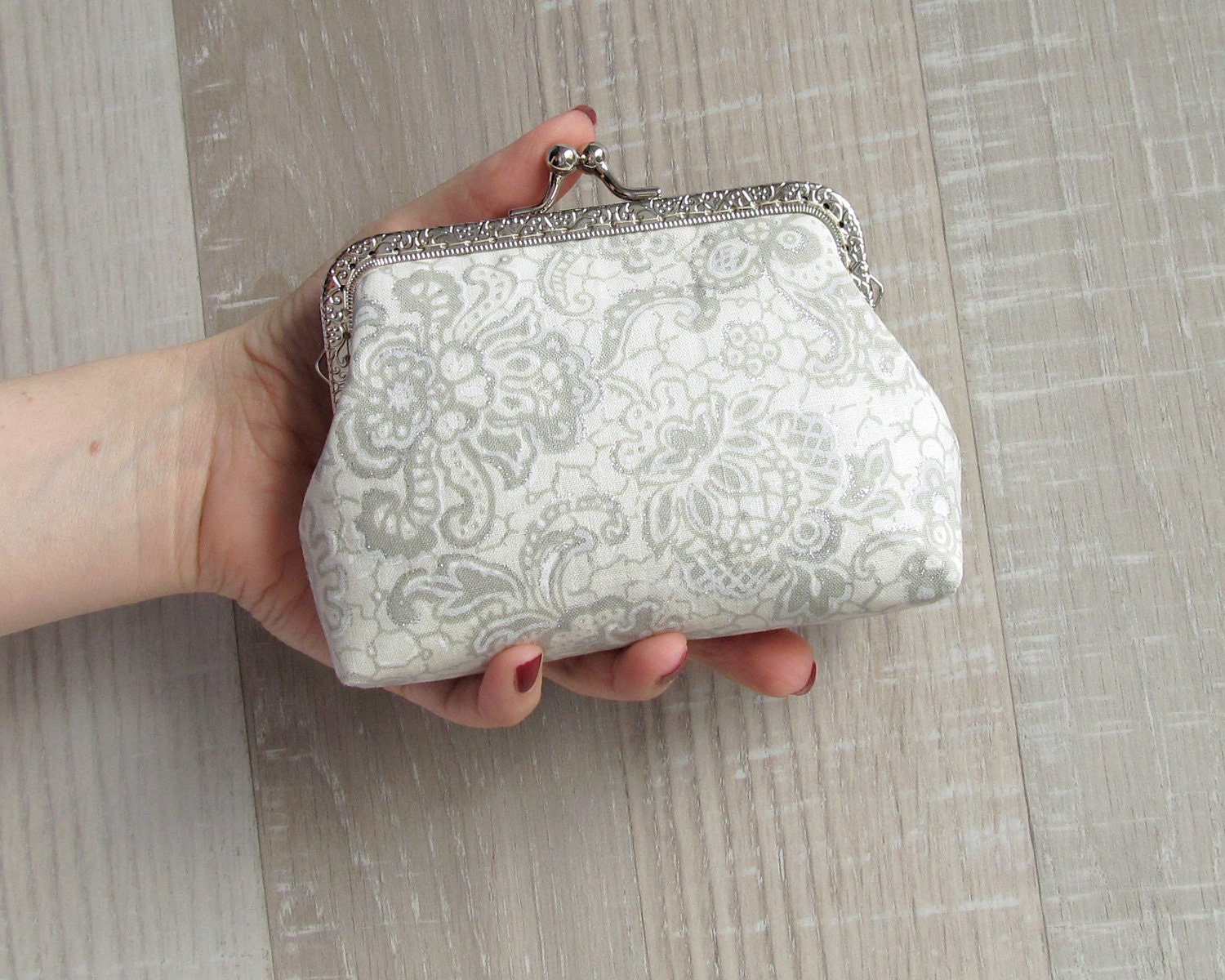 Ivory Glitter Purse Wedding Gray Clutch Floral Change Pouch | Etsy