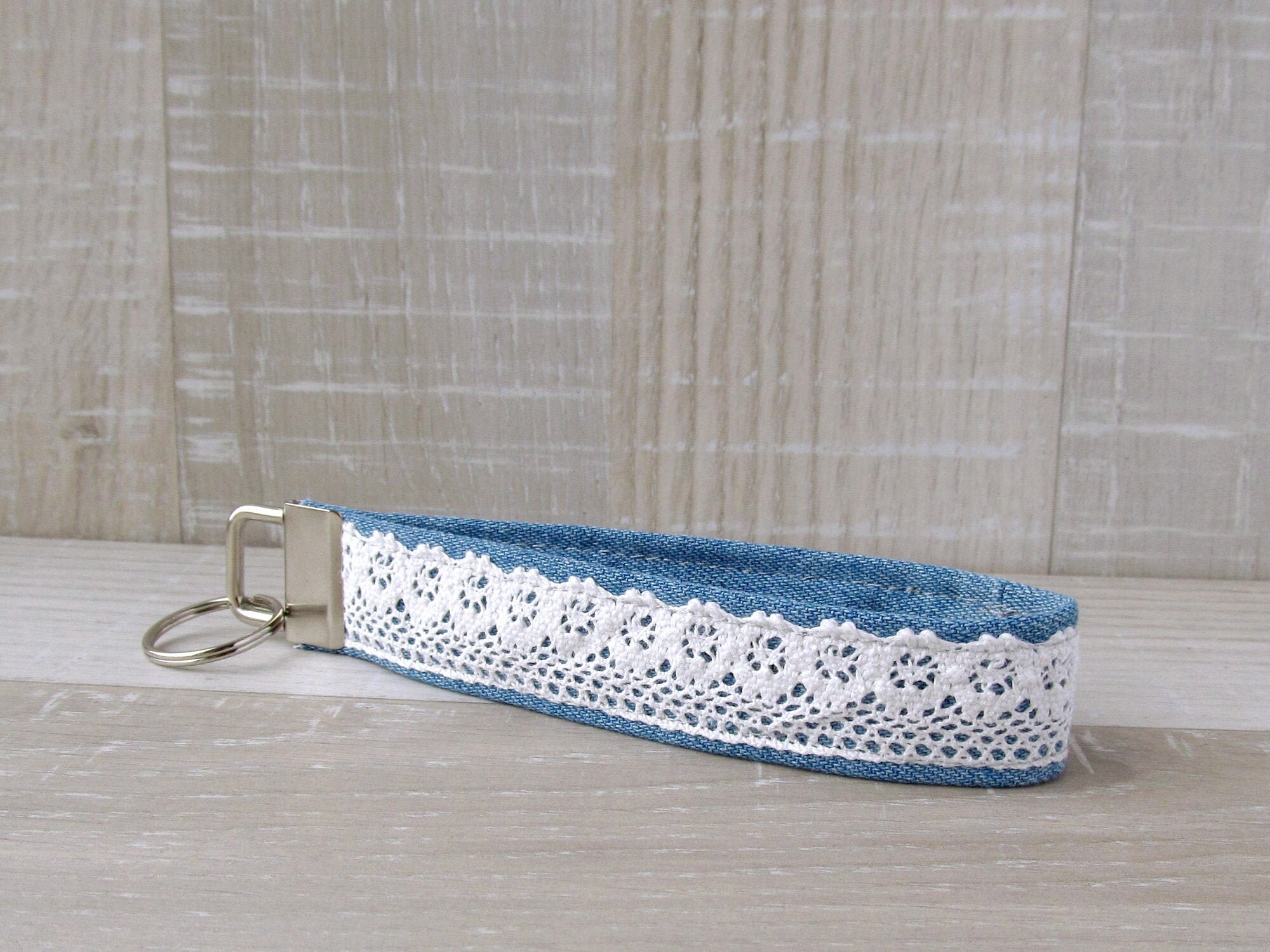 Denim and Lace Keychain, Blue Key Fob, Jeans Key Chain, Wristlet Strap ...