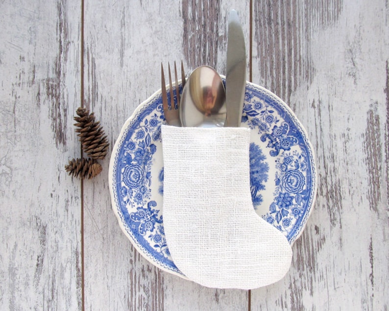 6 Silverware Holders Christmas Stocking, White Burlap Christmas ...