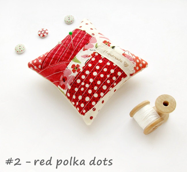 Red Patchwork Pincushion, Floral Needle Holder, Polka Dots Pillow ...
