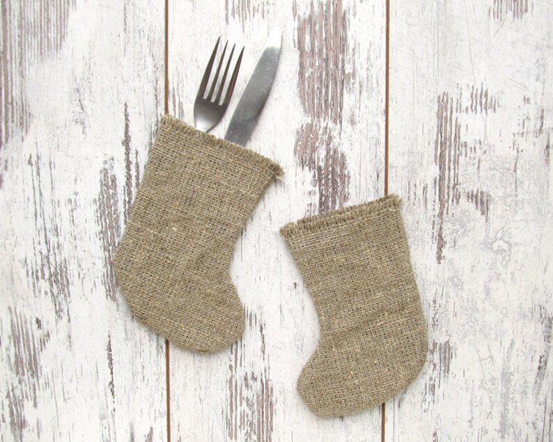 Burlap Silverware Holder, Christmas Stocking Table Decor, Rustic ...