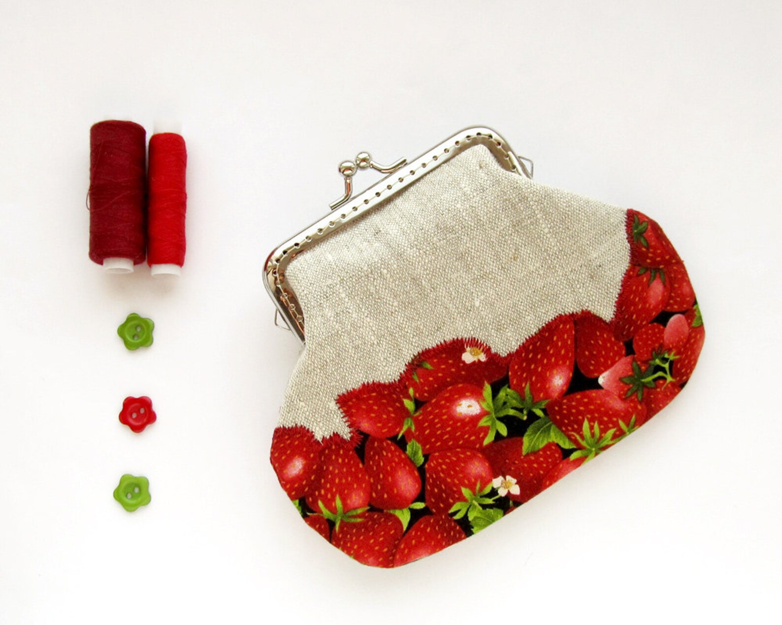 Red Purse, Strawberry Wallet, Berries Coin Purse, Linen and Fruit Small ...