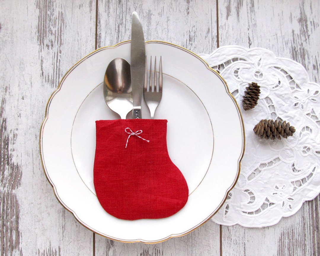 Christmas Silverware Holder, Red Christmas Stocking Table Decor, Rustic ...
