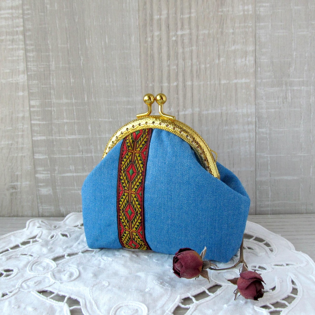 Sky Blue and Yellow Purse Linen Coin Purse With Ethnic Tape Ukrainian ...