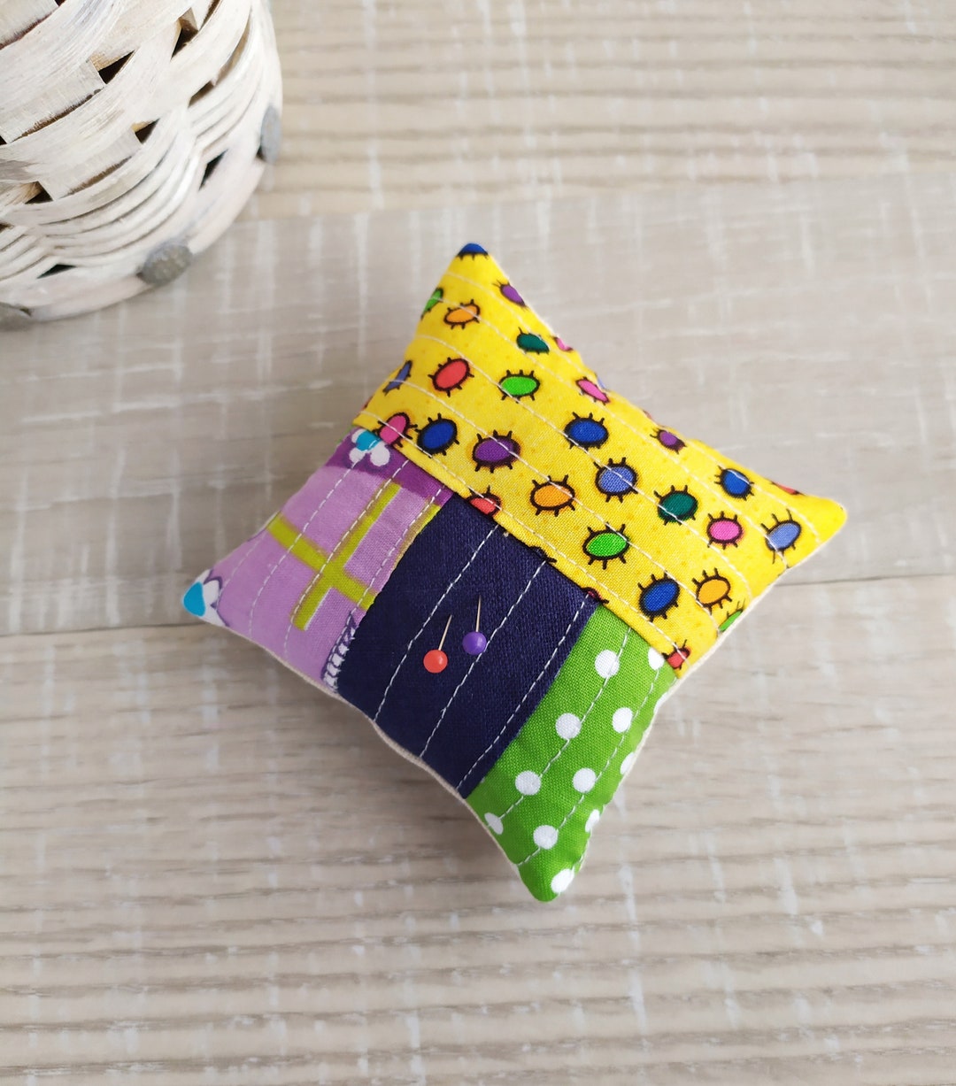 Patchwork Pincushion, Yellow Needle Holder, Sewing Pin Cushion With ...