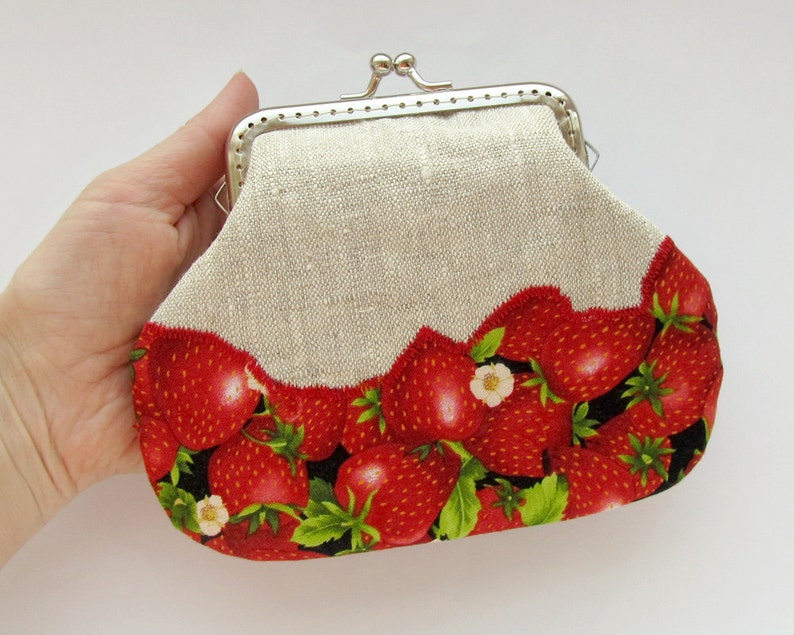 Red Purse, Strawberry Wallet, Berries Coin Purse, Linen and Fruit Small ...
