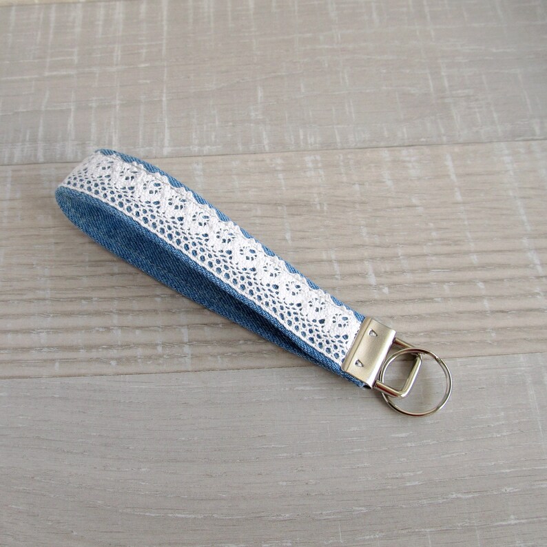 Denim and Lace Keychain, Blue Key Fob, Jeans Key Chain, Wristlet Strap ...