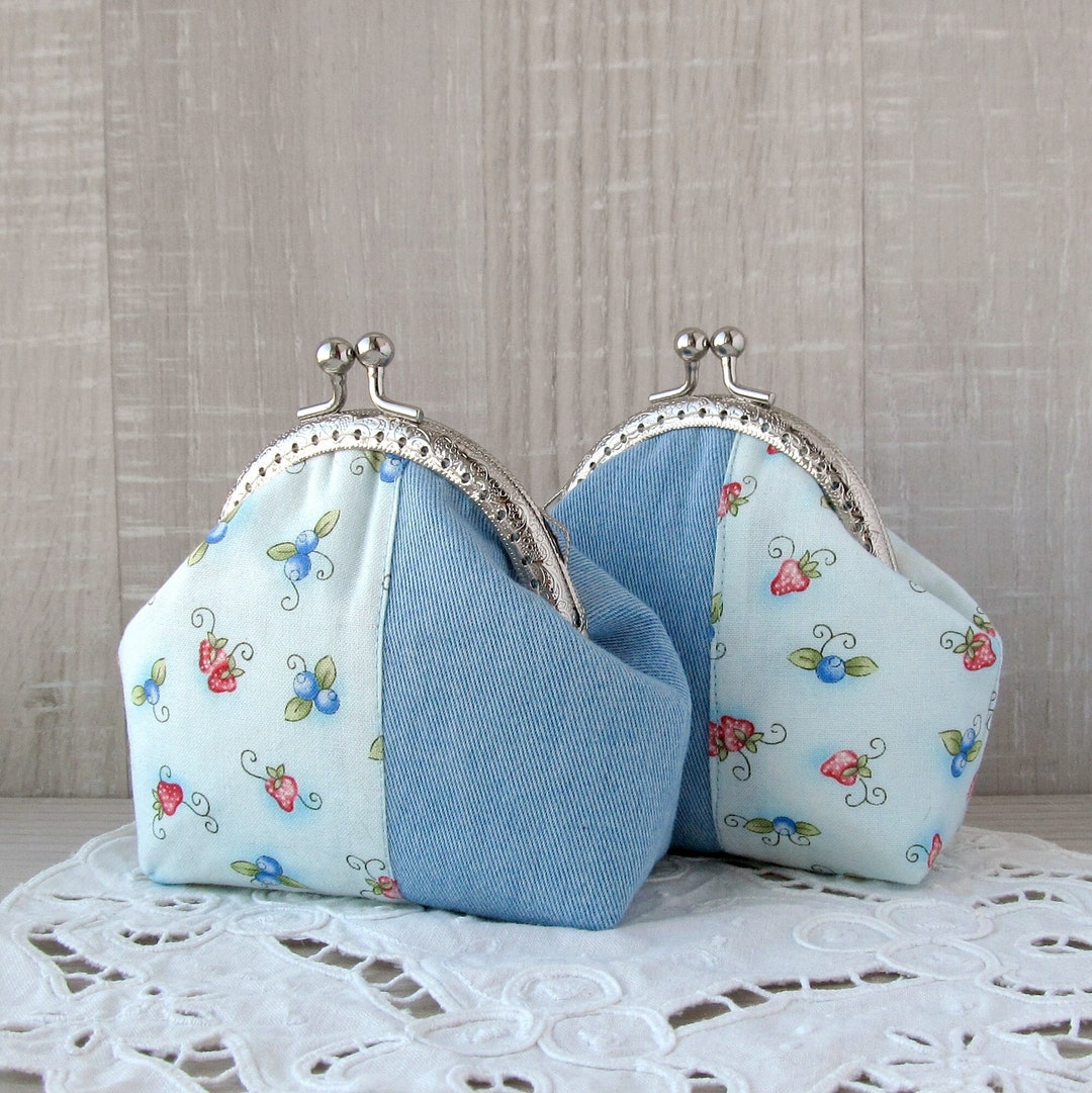 Denim Coin Purses With Summer Berries, Upcycled Change Pouch, Blue ...
