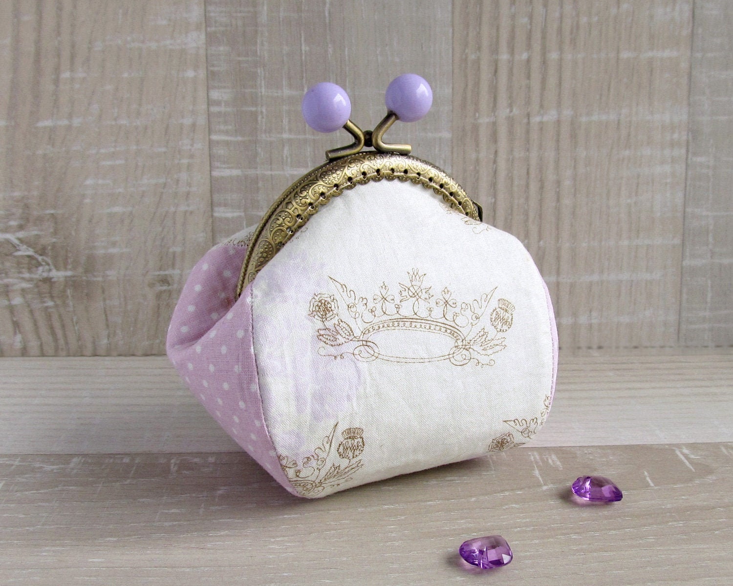 Coin Purse With Crown, Purple Purse, Polka Dots Coin Purse, Cream ...