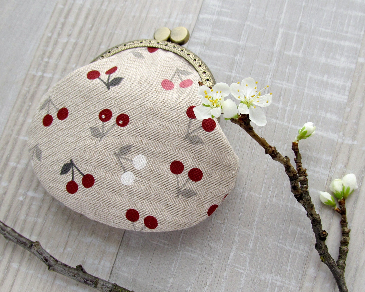 Coin Purse With Cherries Linen Change Pouch Red Cherry - Etsy