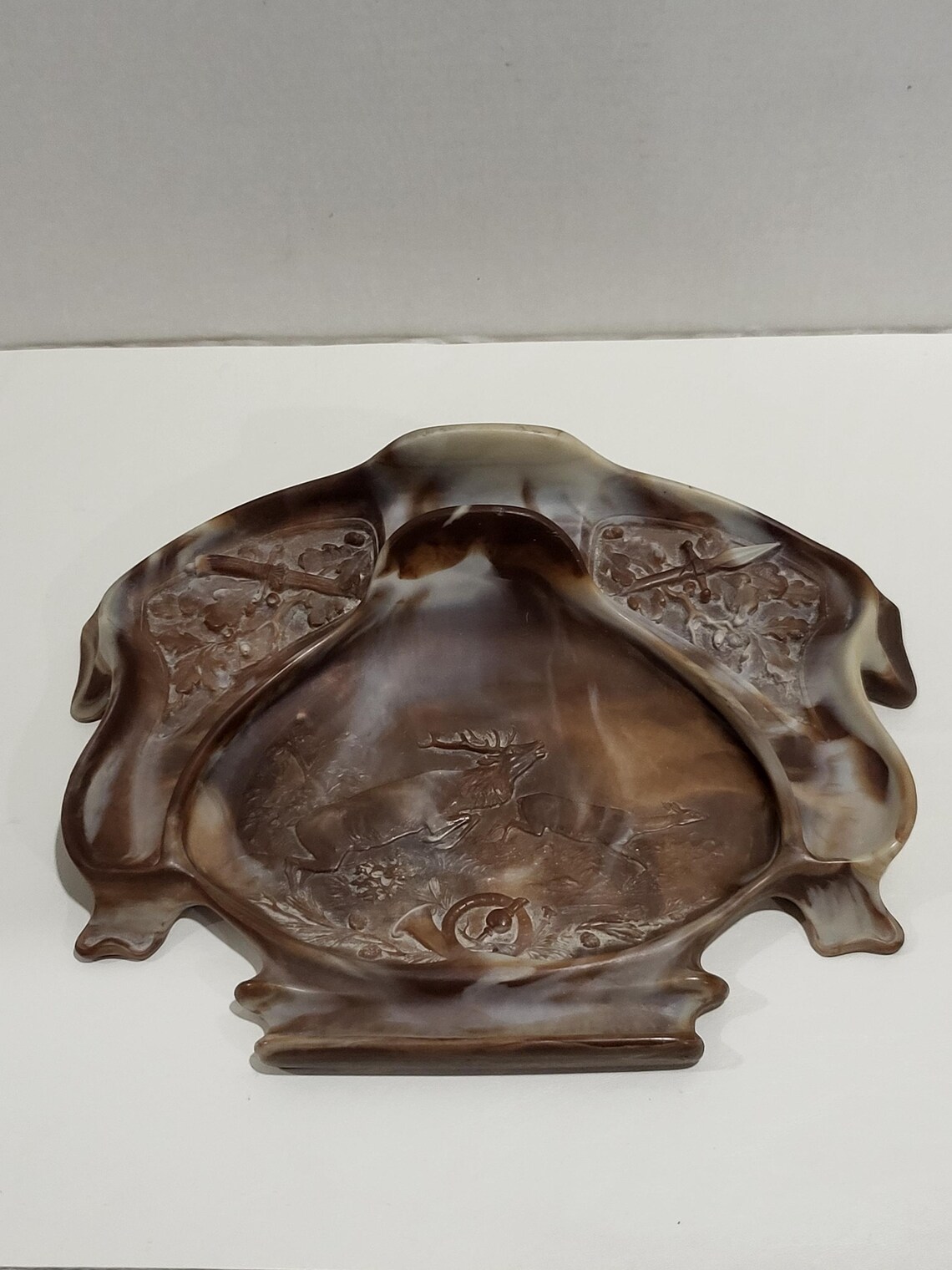 Vintage Incolay Stone Elk Stag Hunting Scene Desk/dresser Tray, Pre ...