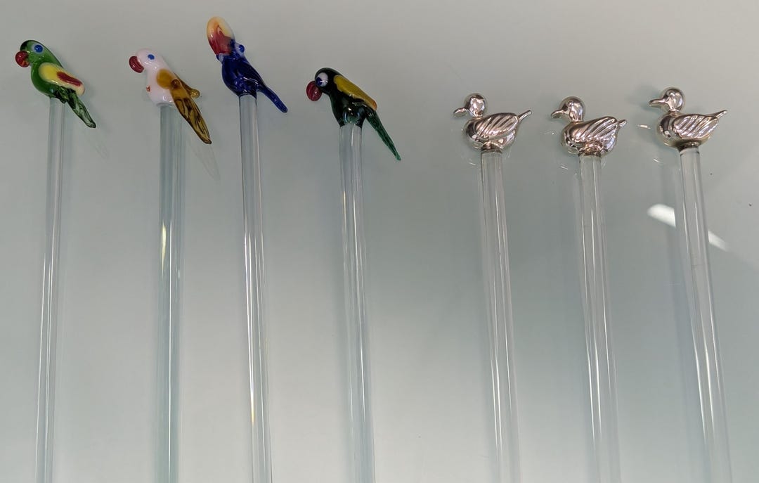 Set of 7 Hand Blown Reusable Stir Sticks Mixed Tropical Birds & Silver ...
