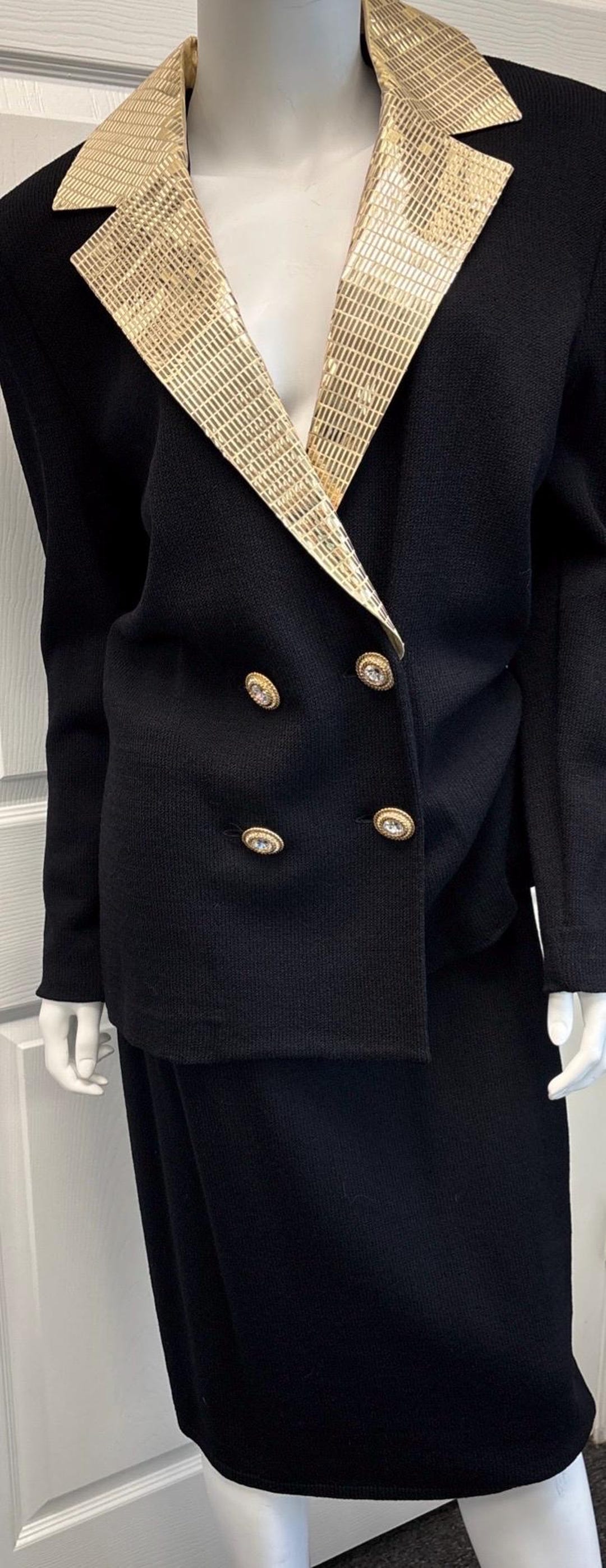 St John Evening Skirt Suit. Black With Gold Trim, Collar. Good ...