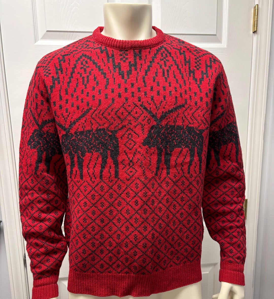 Vintage Fieldmaster 100% Shetland Wool Moose Sweater Red Black Made in ...