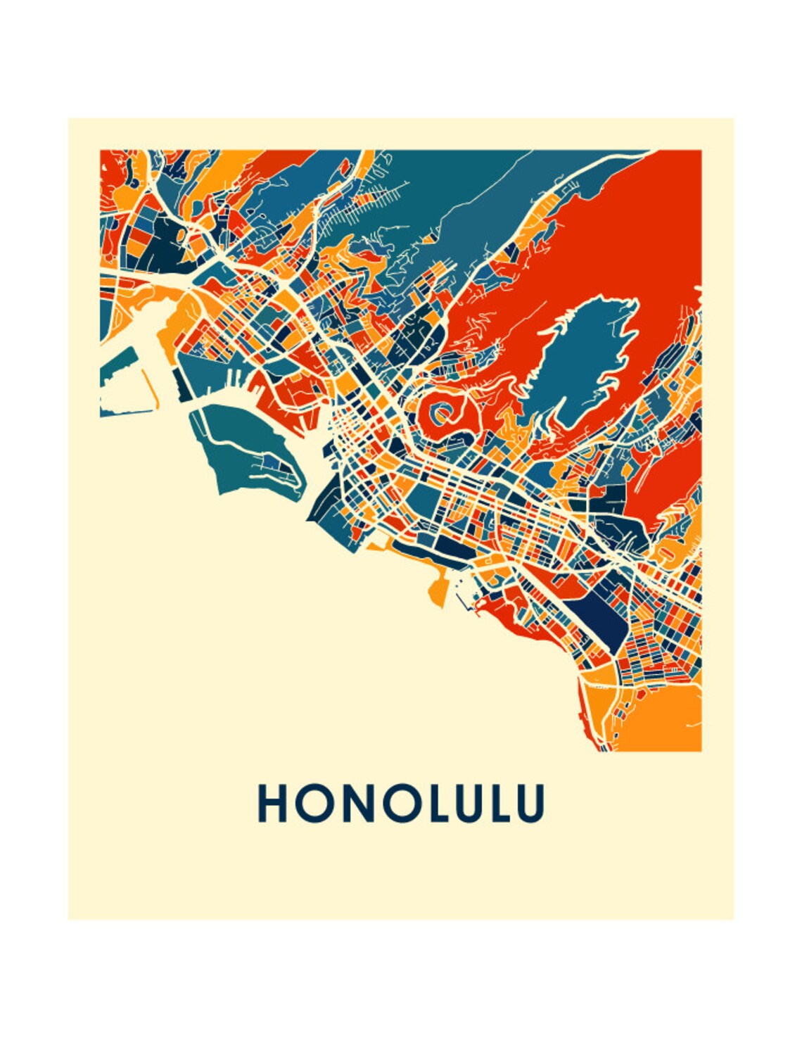 Honolulu Map Print Full Color Map Poster | Etsy