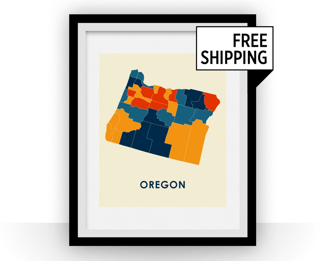 Oregon Map Print Full Color Map Poster | Etsy