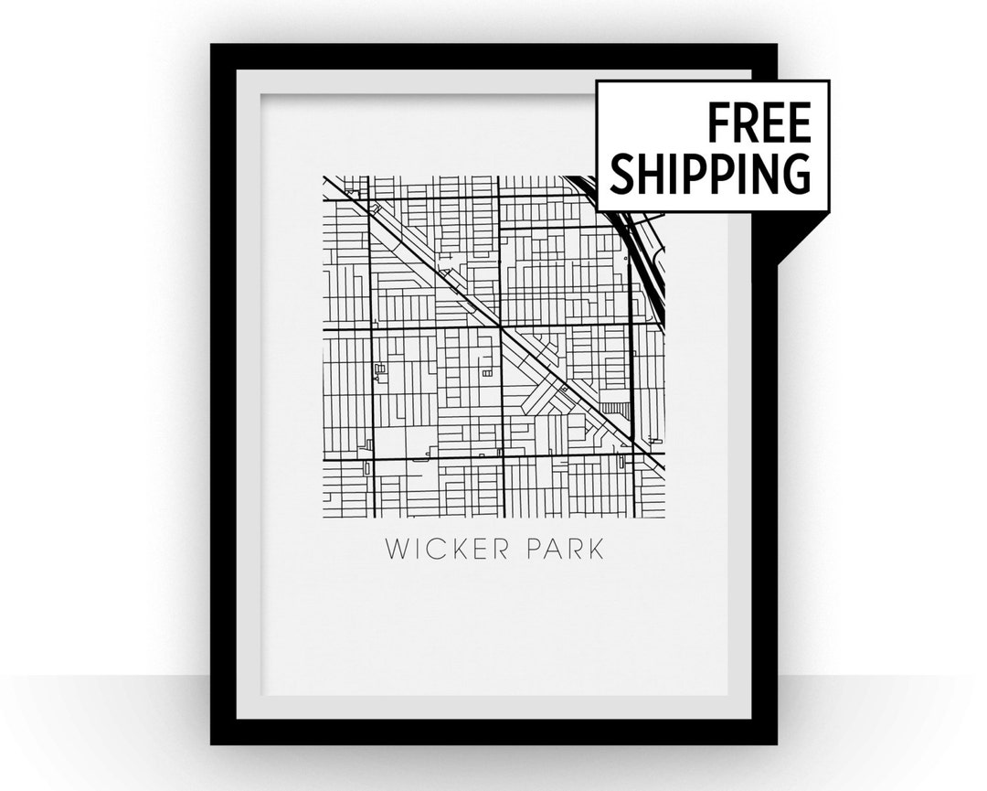 Wicker Park Map Black and White Print - Illinois Black and White Map ...