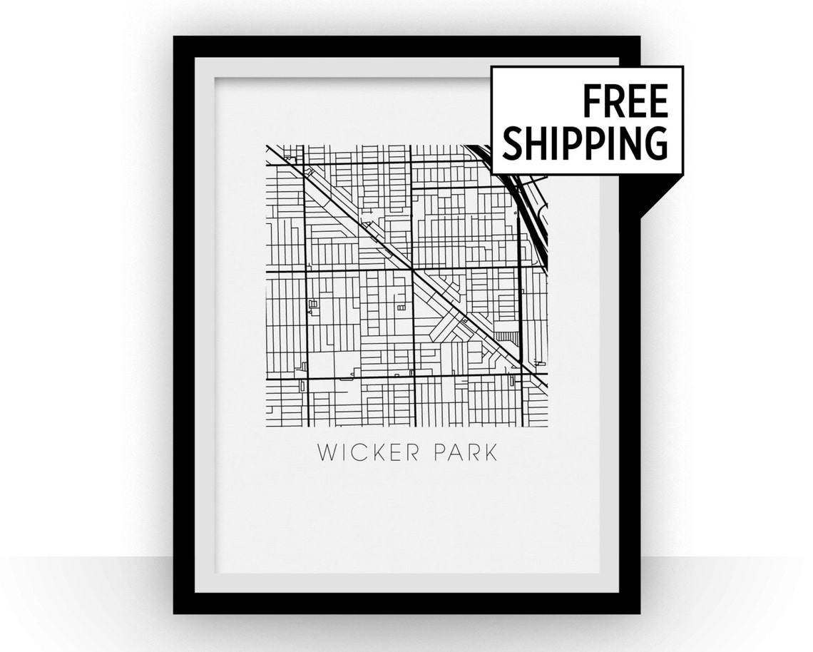 Wicker Park Map Black and White Print Illinois Black and - Etsy