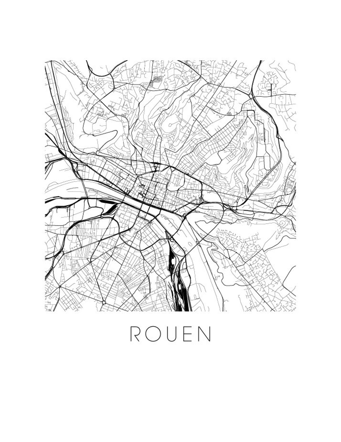 Rouen Map Black and White Print France Black and White Map | Etsy