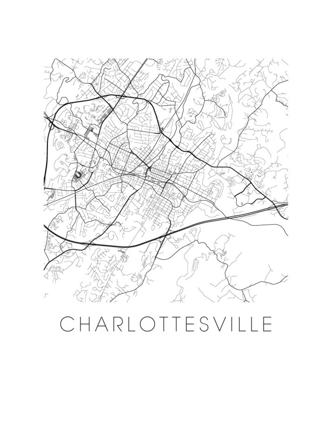 Charlottesville Map Black and White Print Virginia Black and | Etsy