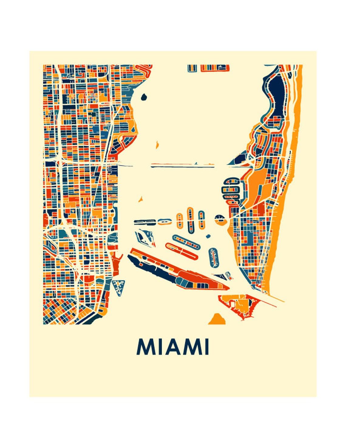 Miami Map Print Full Color Map Poster | Etsy