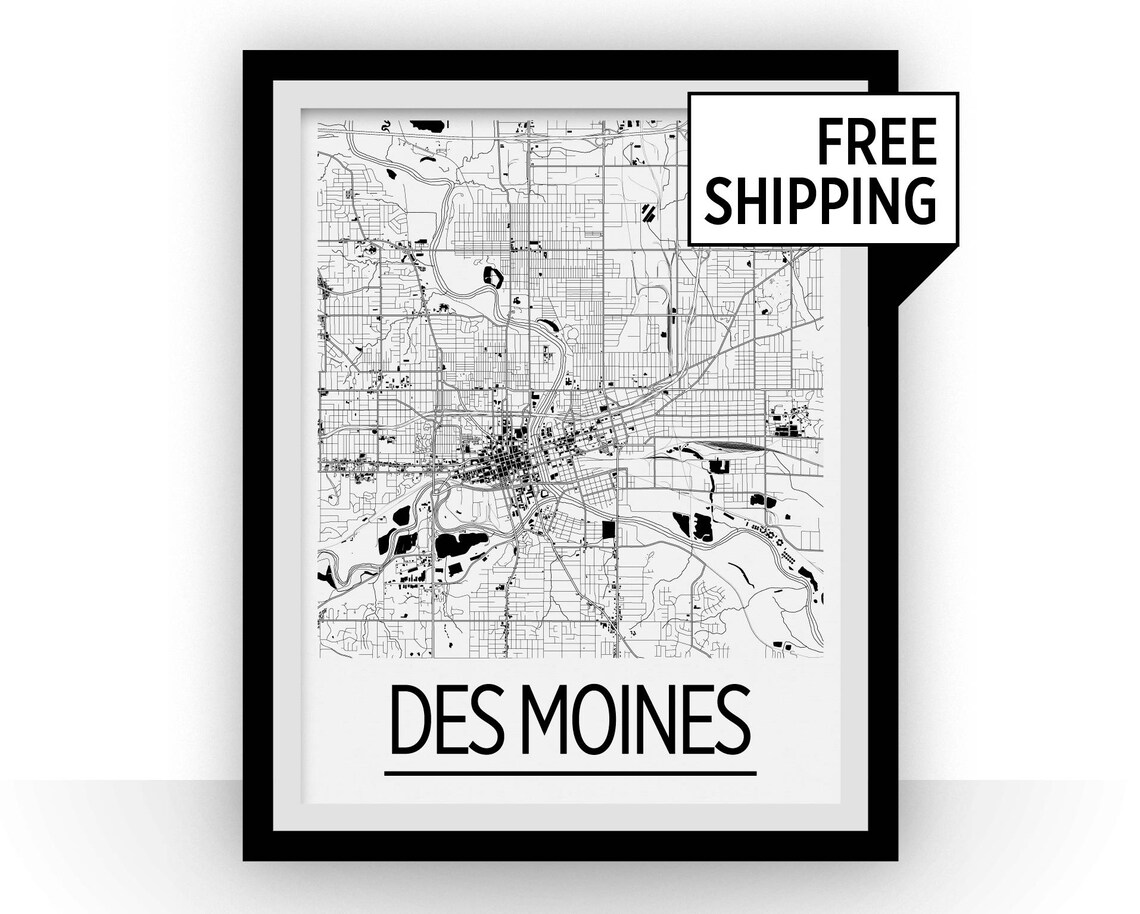 Des Moines Map Poster Iowa Map Print Art Deco Series | Etsy