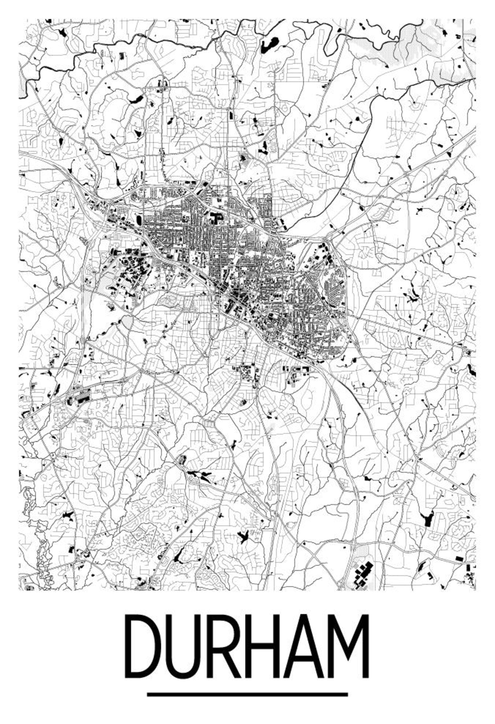 Durham Map Poster North Carolina Map Print Art Deco Series | Etsy