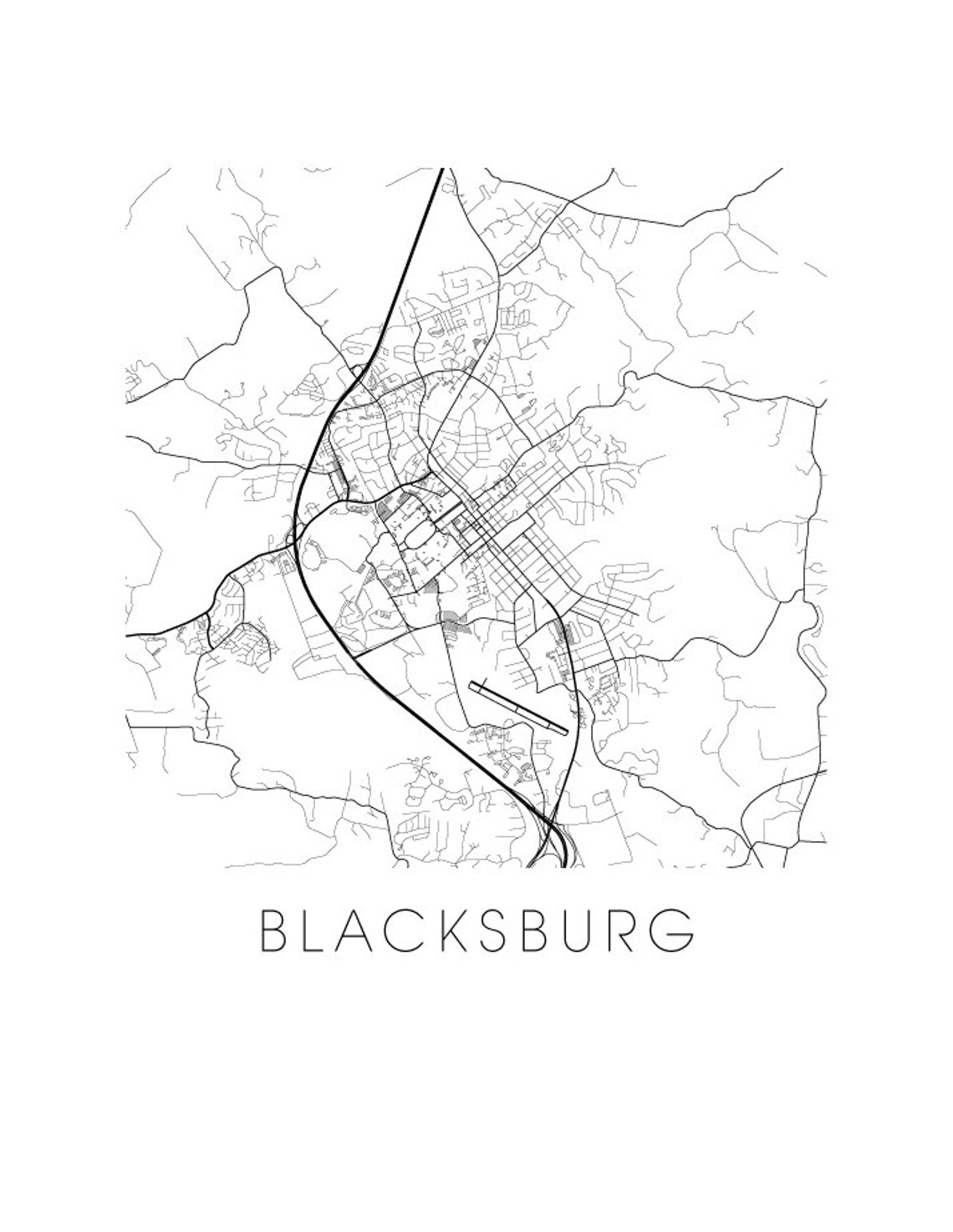 Blacksburg Map Black and White Print Virginia Black and - Etsy