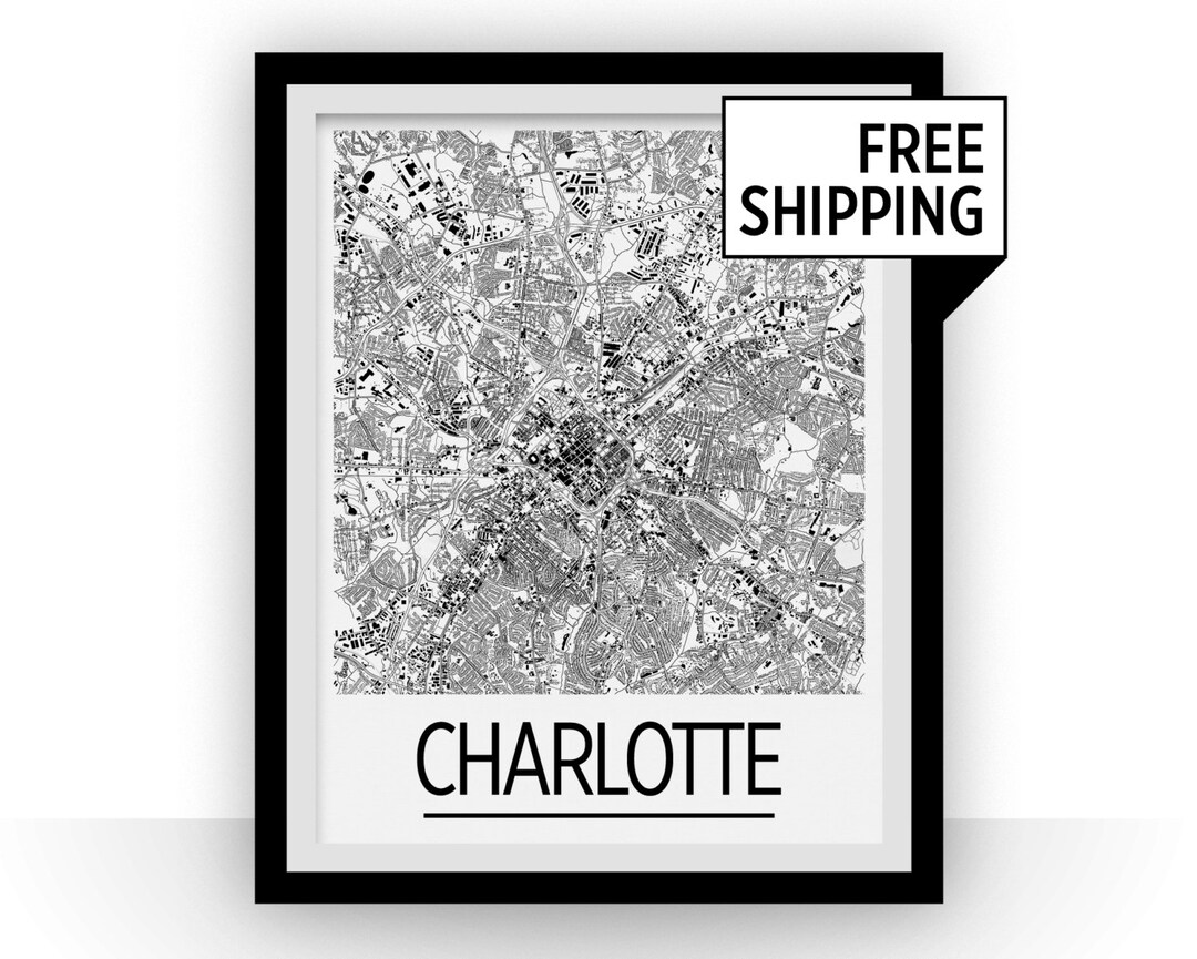 Charlotte Map Poster - Usa Map Print - Art Deco Series - Etsy