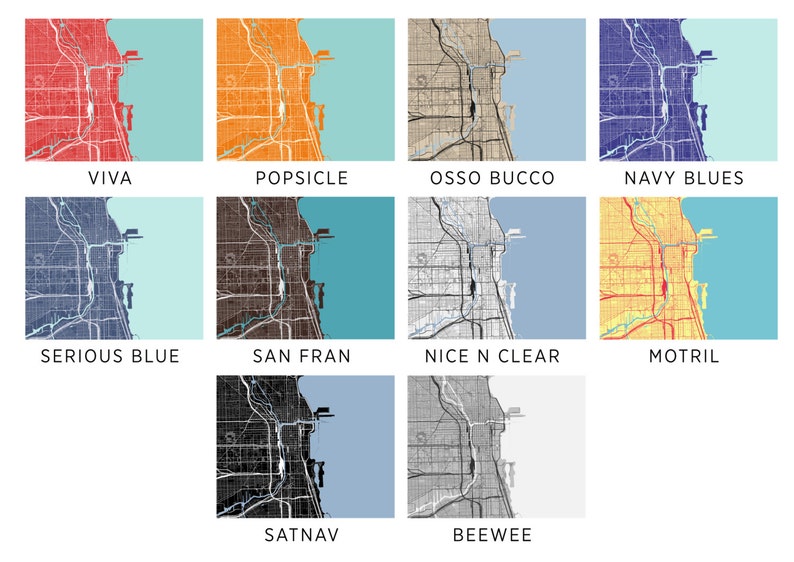 Chicago Map Print Choose Your Color - Etsy