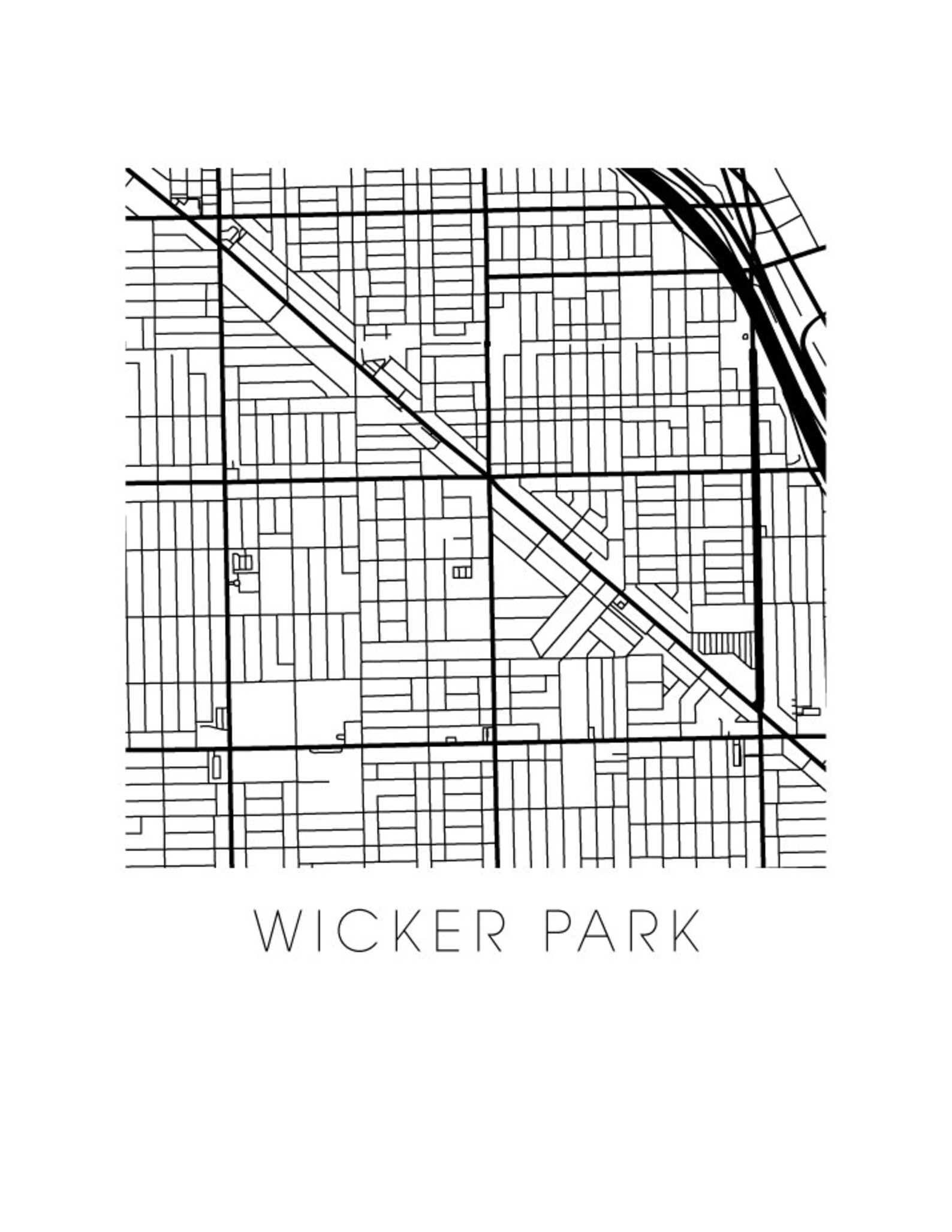 Wicker Park Map Black and White Print Illinois Black and - Etsy