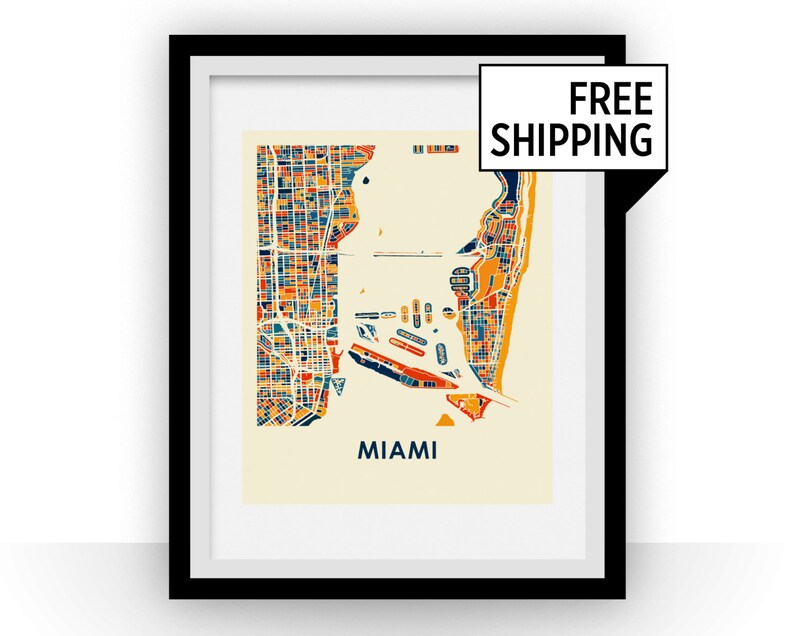 Miami Map Print - Full Color Map Poster - Etsy