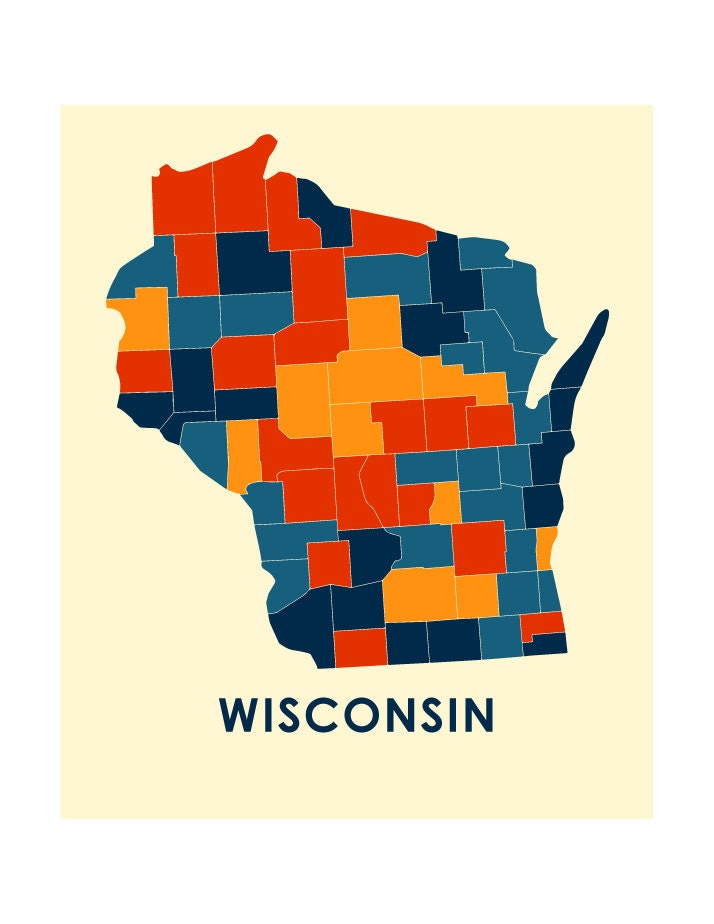 Wisconsin Map Print Full Color Map Poster - Etsy