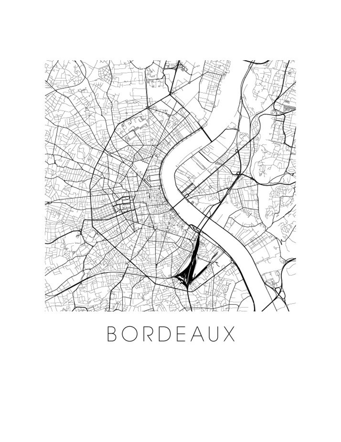 Bordeaux Map Black and White Print France Black and White | Etsy