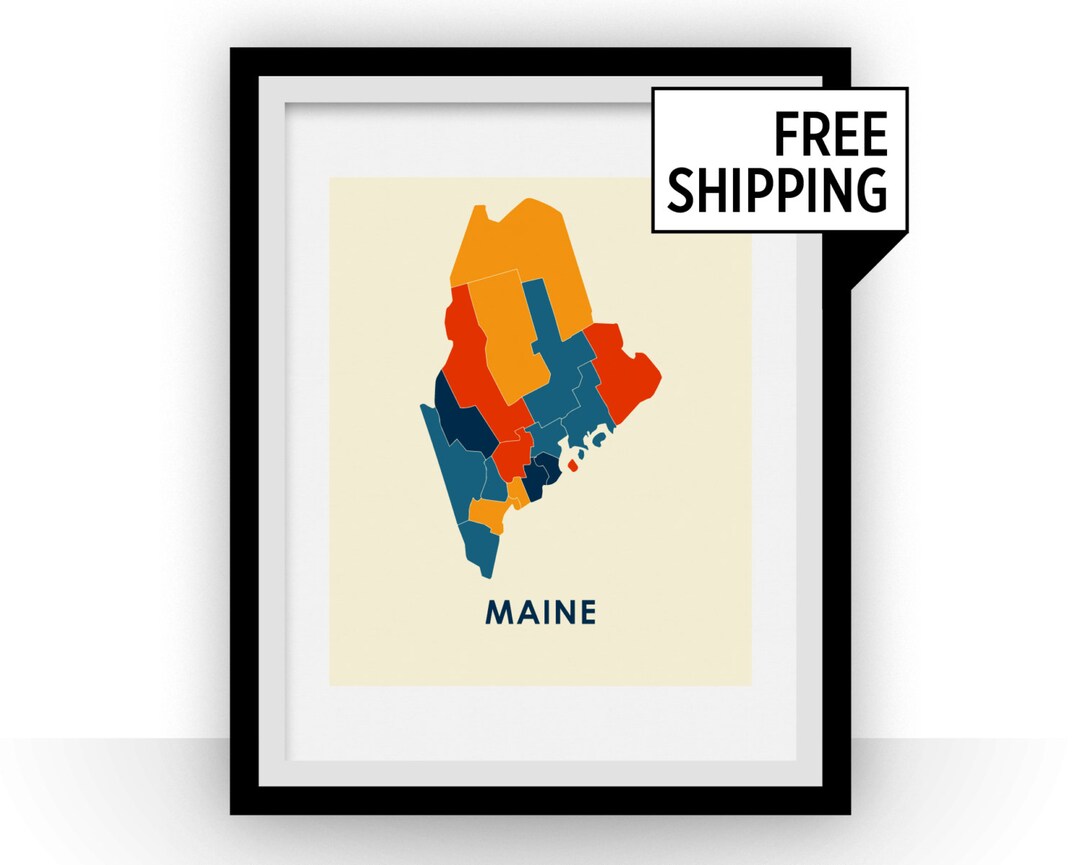 Maine Map Print - Full Color Map Poster - Etsy