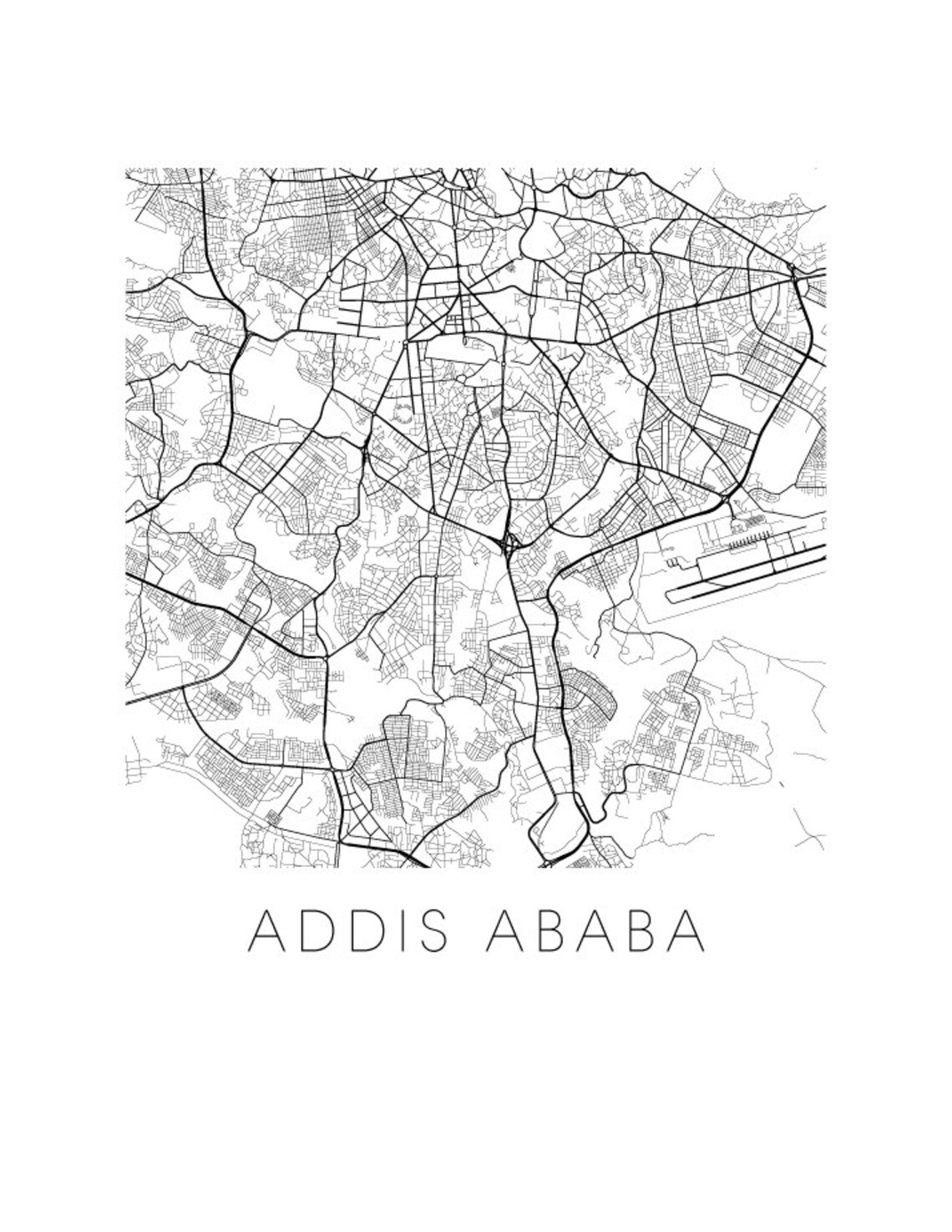 Addis Ababa Map Black and White Print - Ethiopia Black and White Map ...