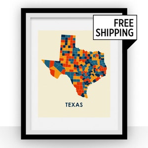 Texas Map Print - Full Color Map Poster - Etsy