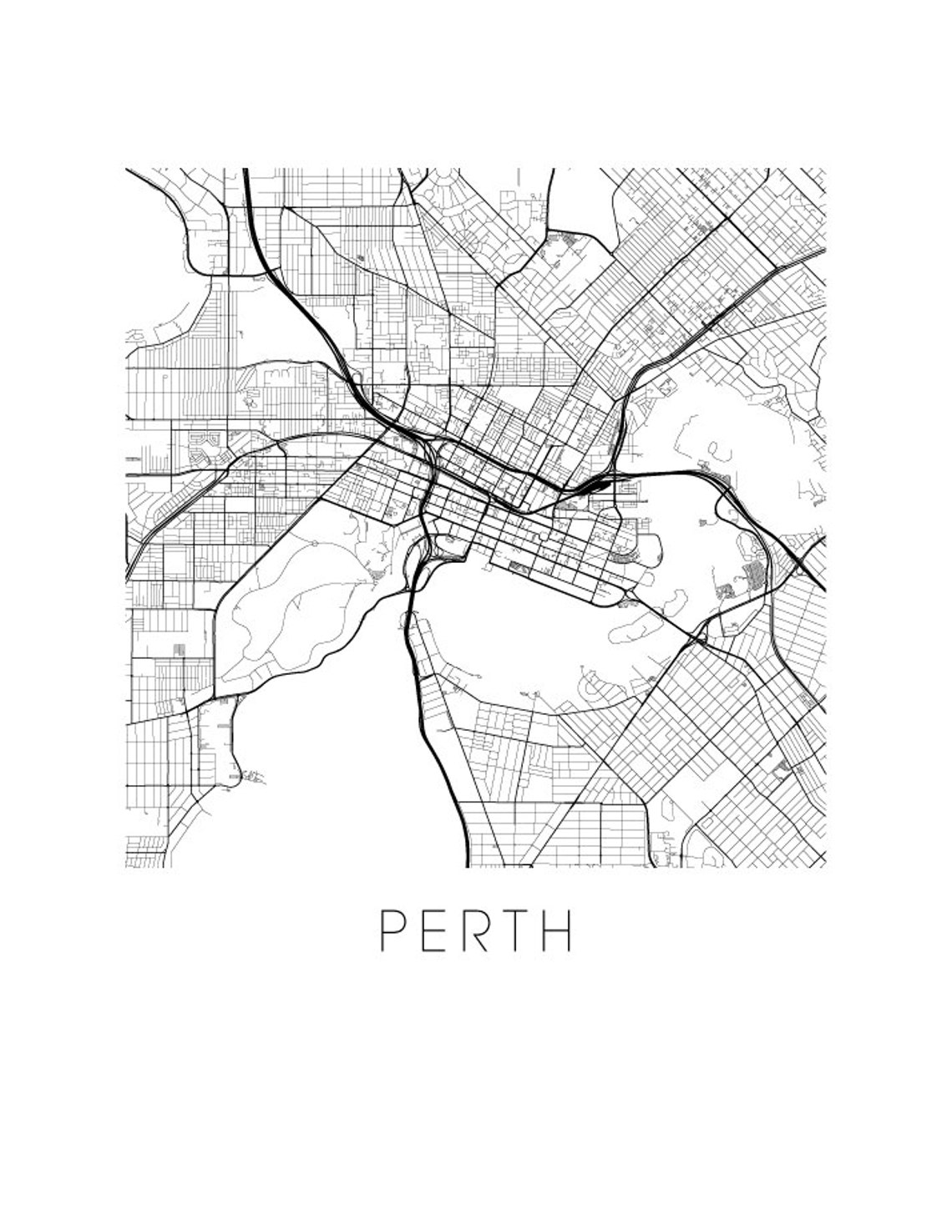 Perth Map Black and White Print Australia Black and White | Etsy