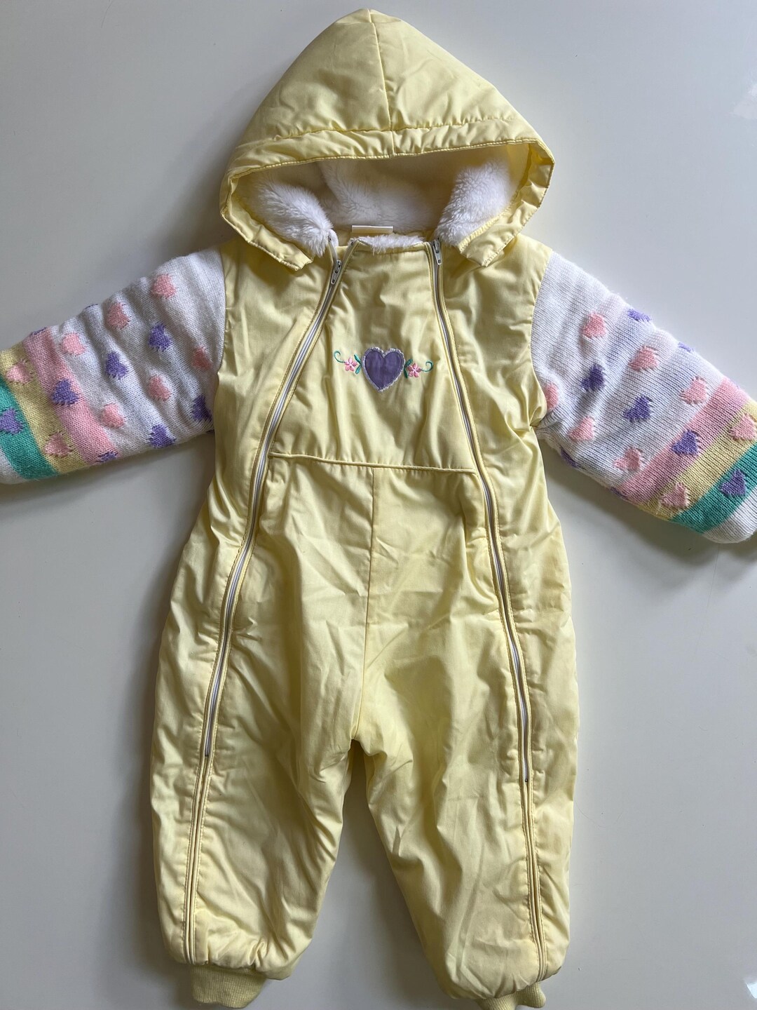 Vintage Pastel Yellow Snowsuit With Rainbow Heart Sweater Sleeves by ...
