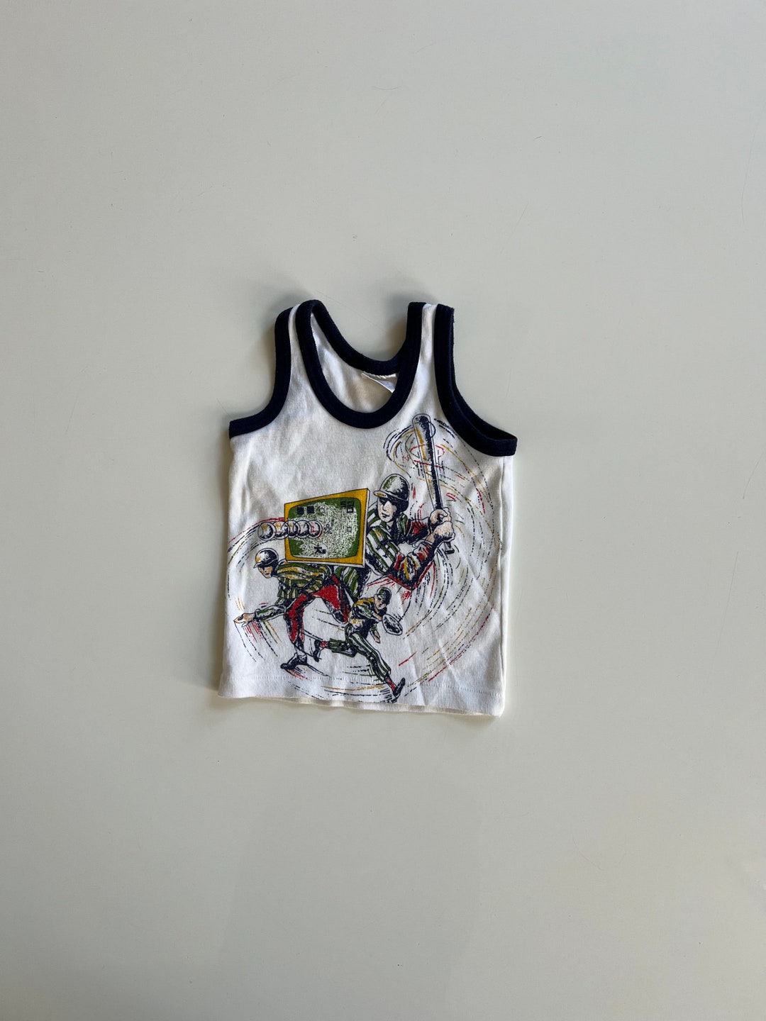 Vintage Retro Tank Ringer Neck Navy Blue With Baseball Player Image ...