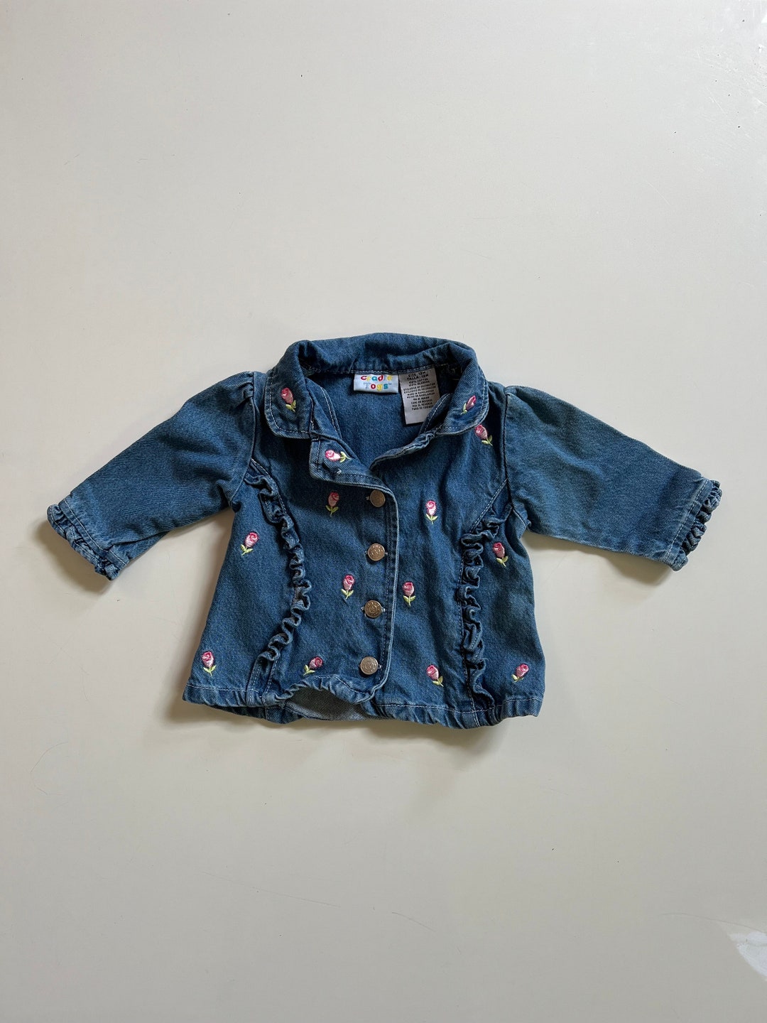 Vintage Denim Jacket With Pink Roses and Collar 90s Baby Girl Jean ...