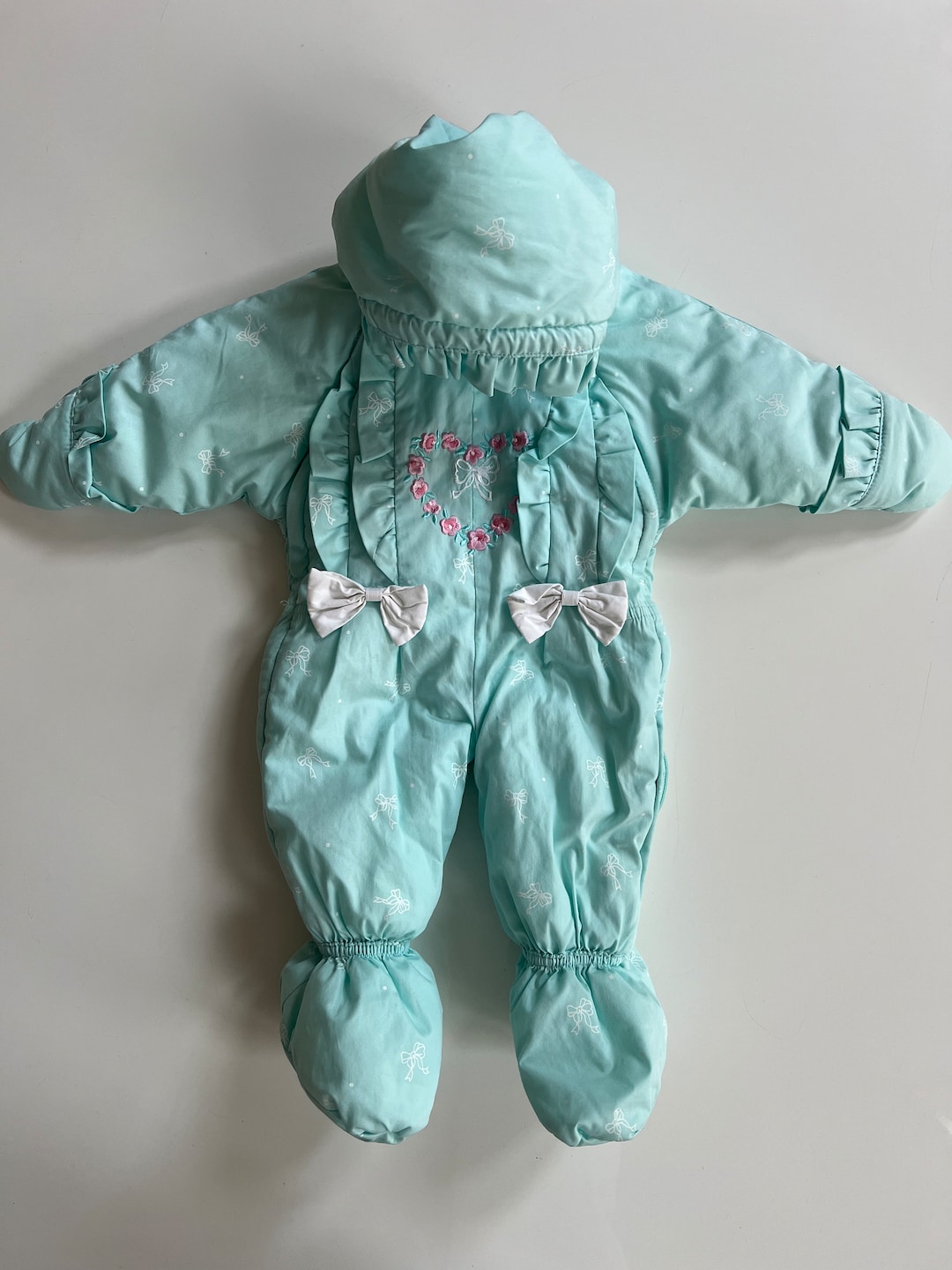 Vintage Baby Snowsuit Light Blue Turquoise With Bows and Rose Heart ...