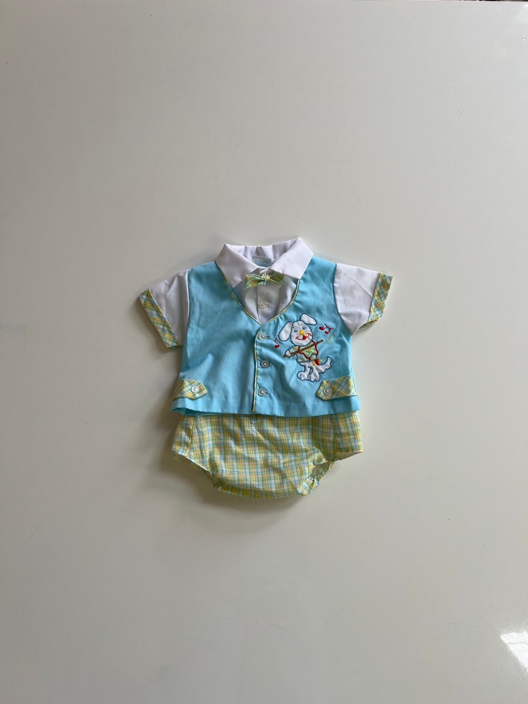 Vintage Spring Dapper Baby Boy Pastel Yellow Green Plaid and Blue Top ...