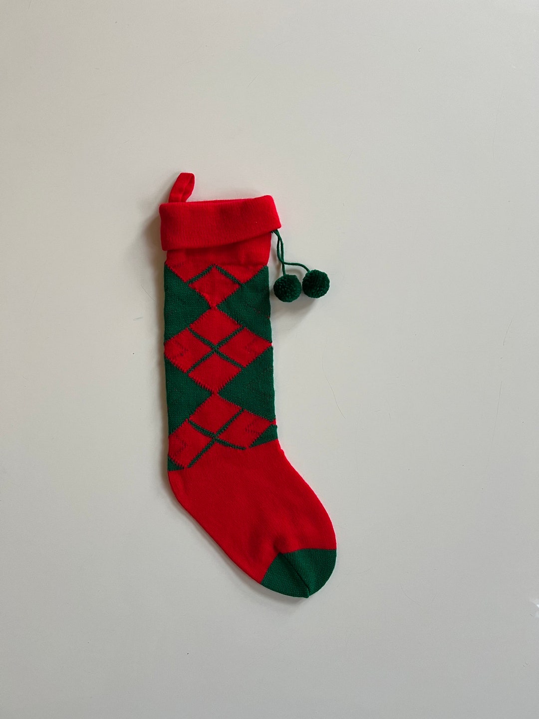 Vintage Stocking Knit 80s Christmas Stocking Red and Green Argyle With ...