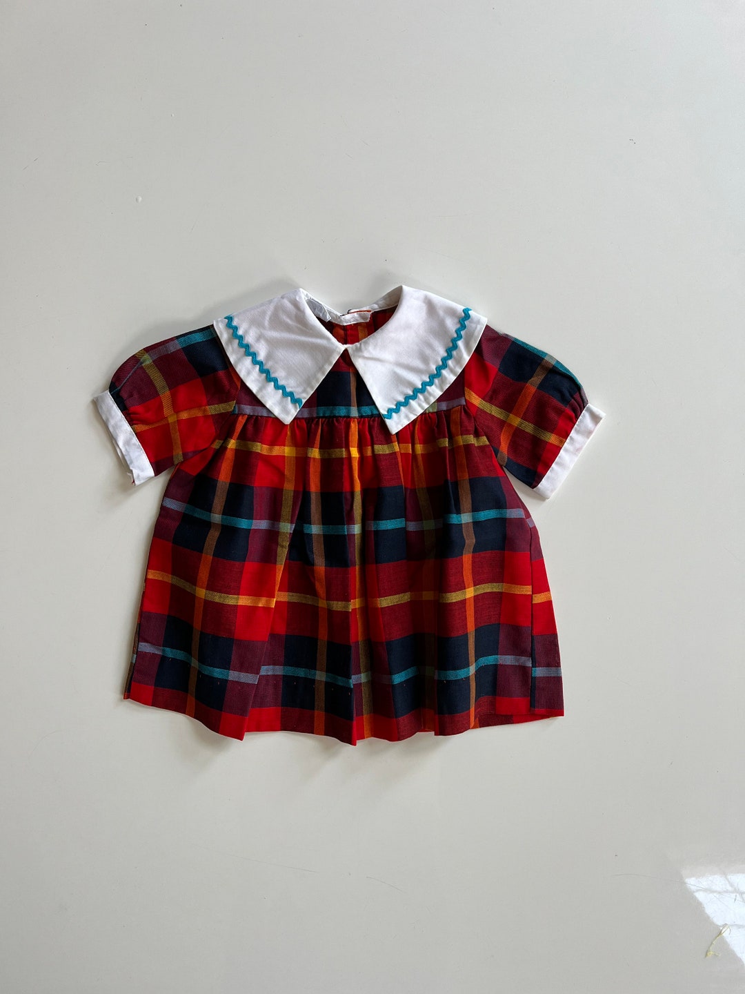 Vintage Bold Check Plaid Bright Colors Dress With Collar and Ric Rac ...