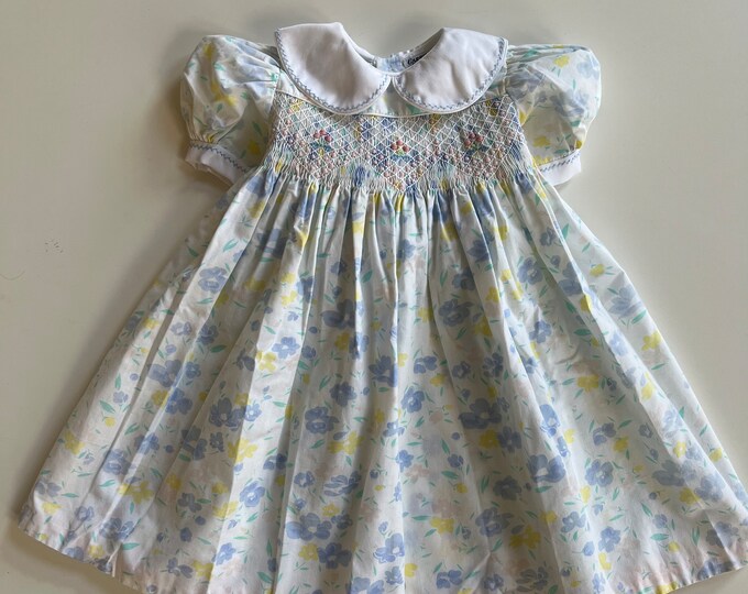 Vintage Spring Floral Frock Smocked Dress Short Sleeves Tea Length by ...