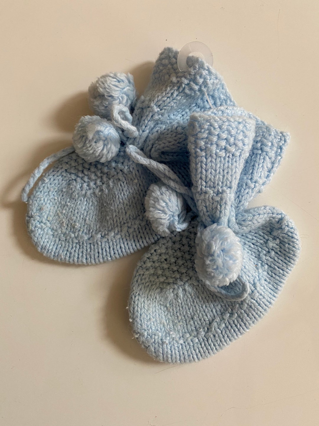 Vintage Hand Knit Baby Blue Baby Booties With Pom Poms Softest Blue ...