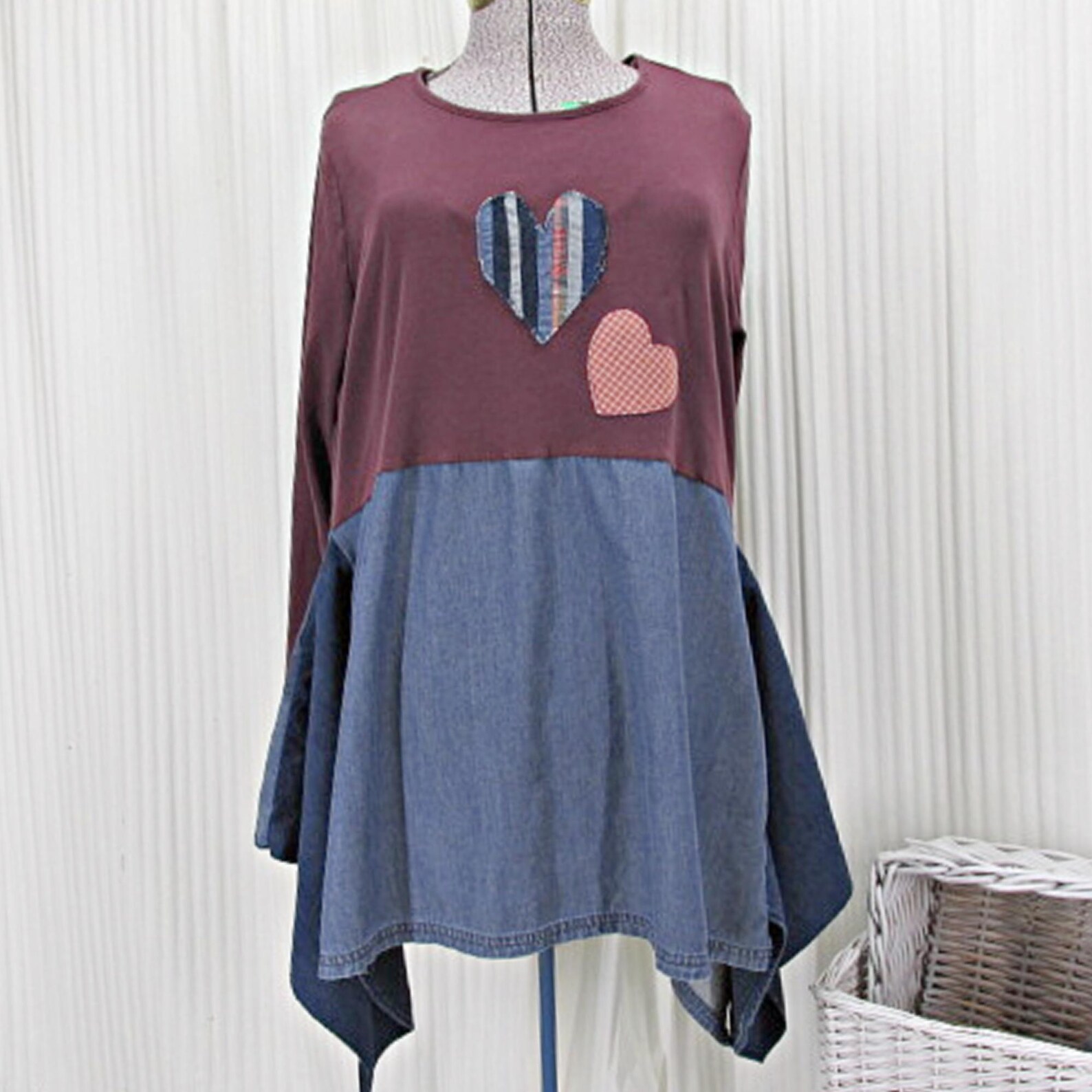 Upcycled Tunic Dress: Maroon Bodice, Denim Skirt, Plus Size 1X - Etsy