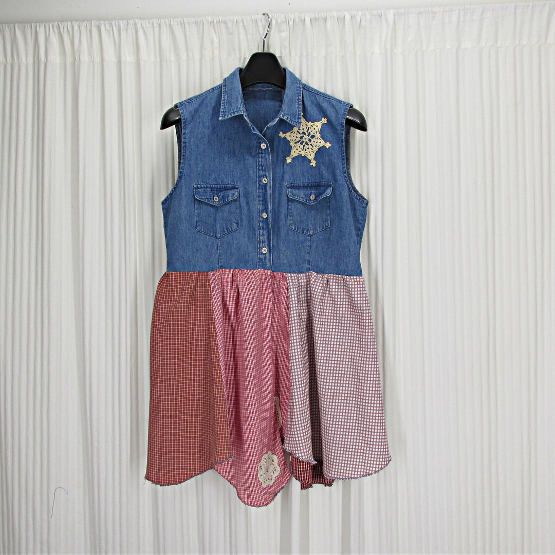 Boho Denim Vest Duster, Vest Skirt Plaid Patchwork, Metal Buttons ...