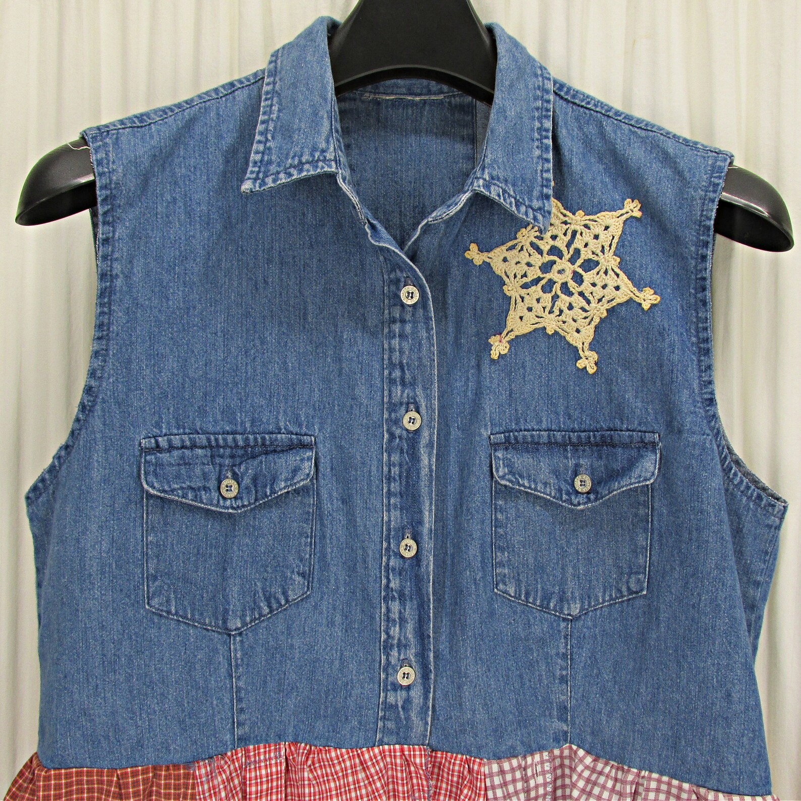 Boho Denim Vest Duster, Vest Skirt Plaid Patchwork, Metal Buttons ...